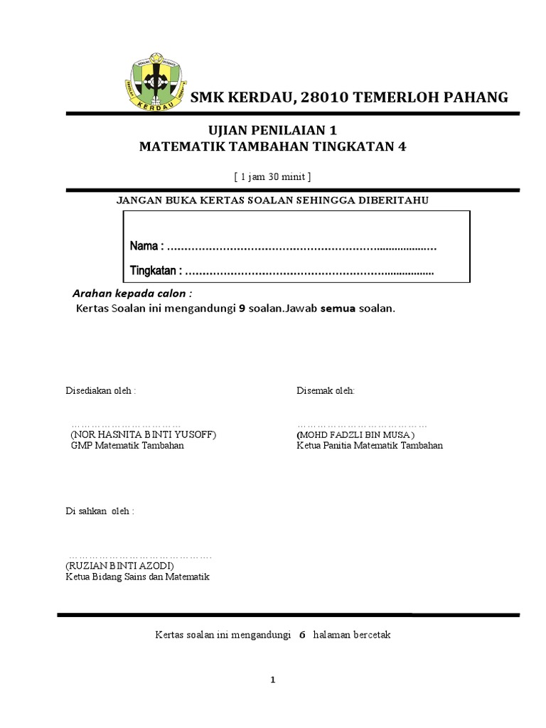 Contoh Upt Add Math Ting 4 | PDF