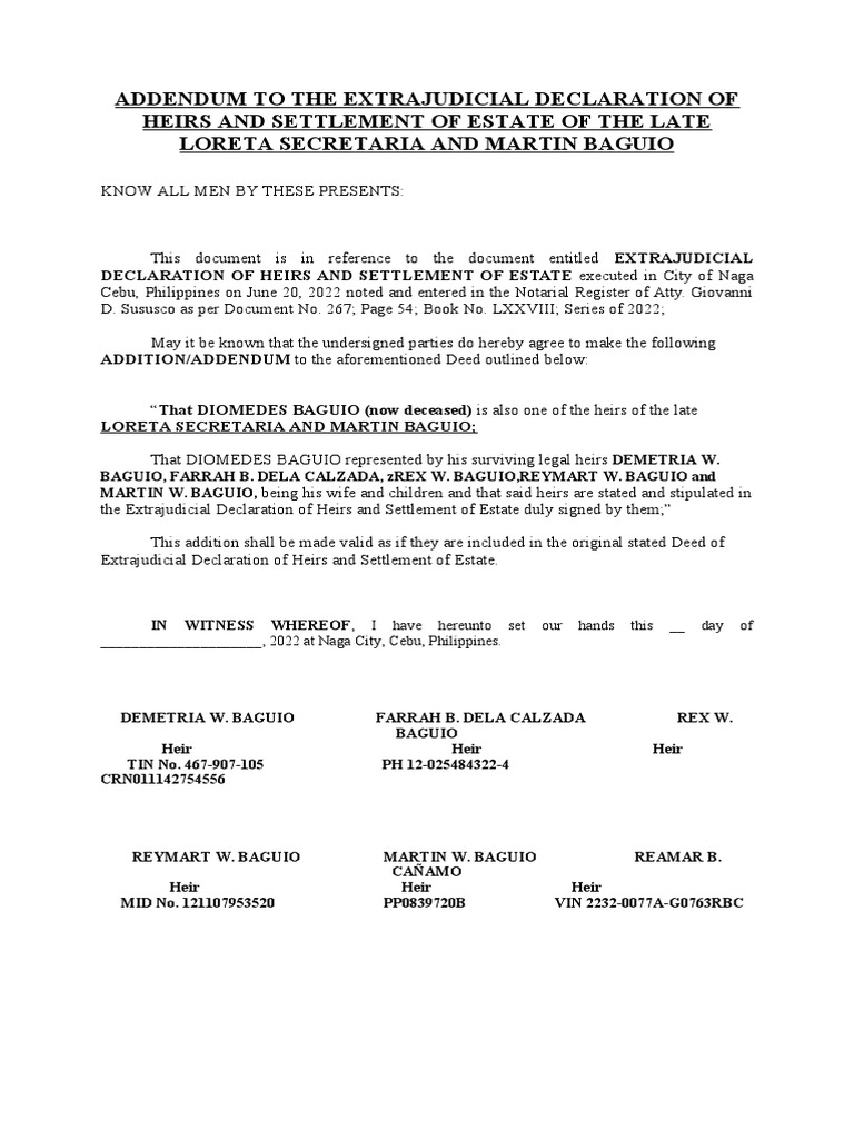 Addendum To The Extrajudicial | PDF | Document | Civil Law (Common Law)