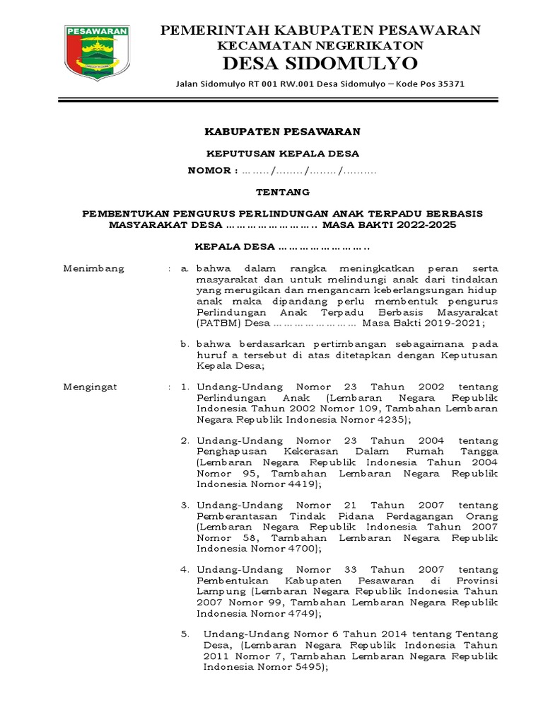 Contoh SK Patbm Desa 2021 Berdasarkan Klaster Kla | PDF