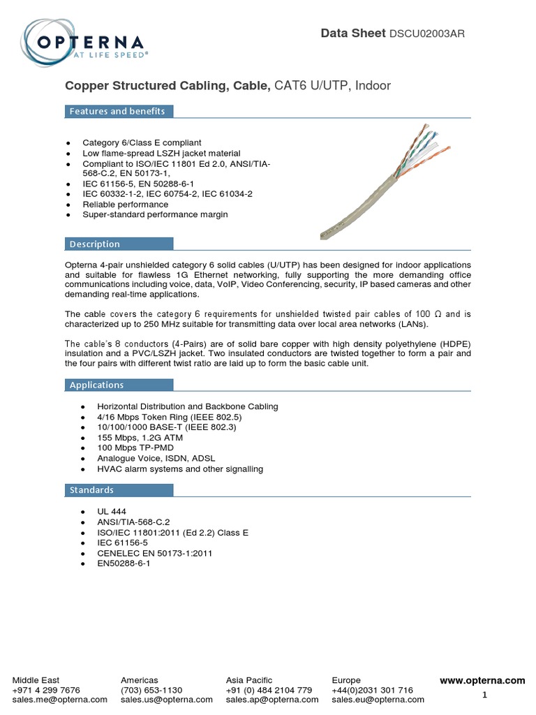 CAT6 U/UTP Indoor Cabling Data Sheet | PDF | Electronics | Electrical ...