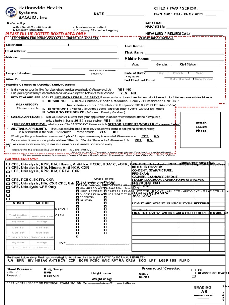 New Zealand, Canada, and Australia Visa Medical Examination Form | PDF | Travel Visa