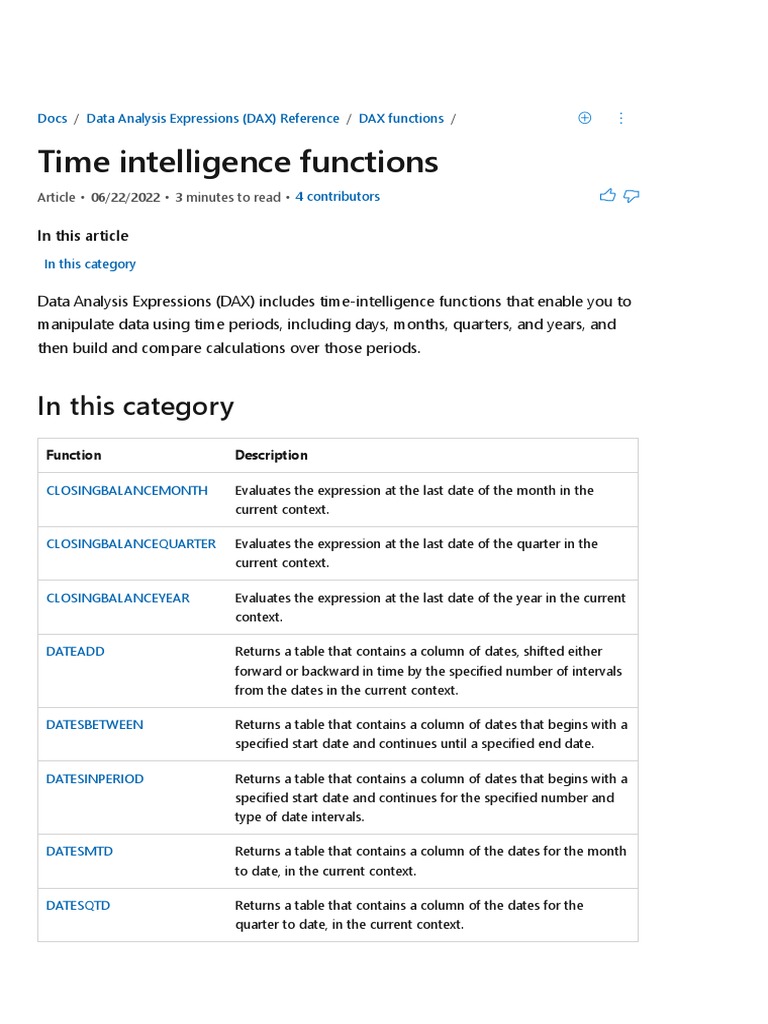 Time Intelligence Functions (DAX) - DAX - Microsoft Docs | PDF | Computer Science | Computing