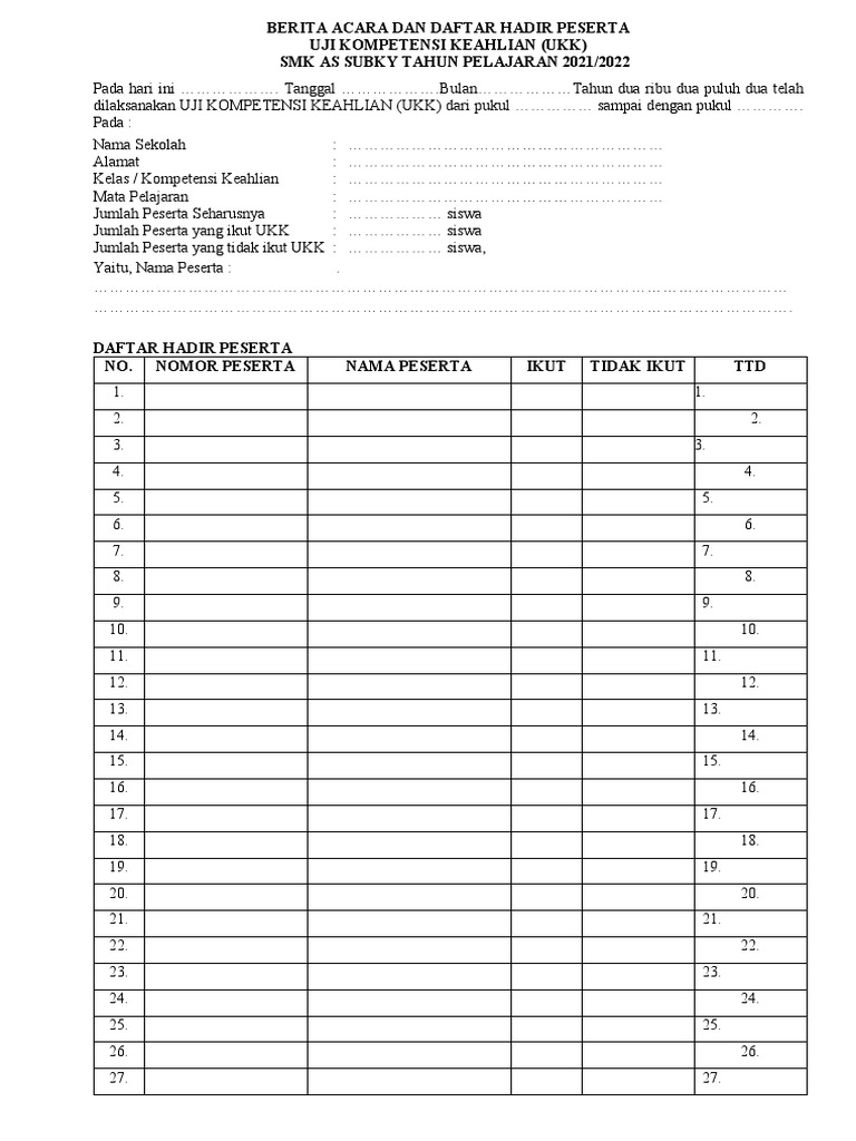 Berita Acara Dan Daftar Hadir Ukk | PDF