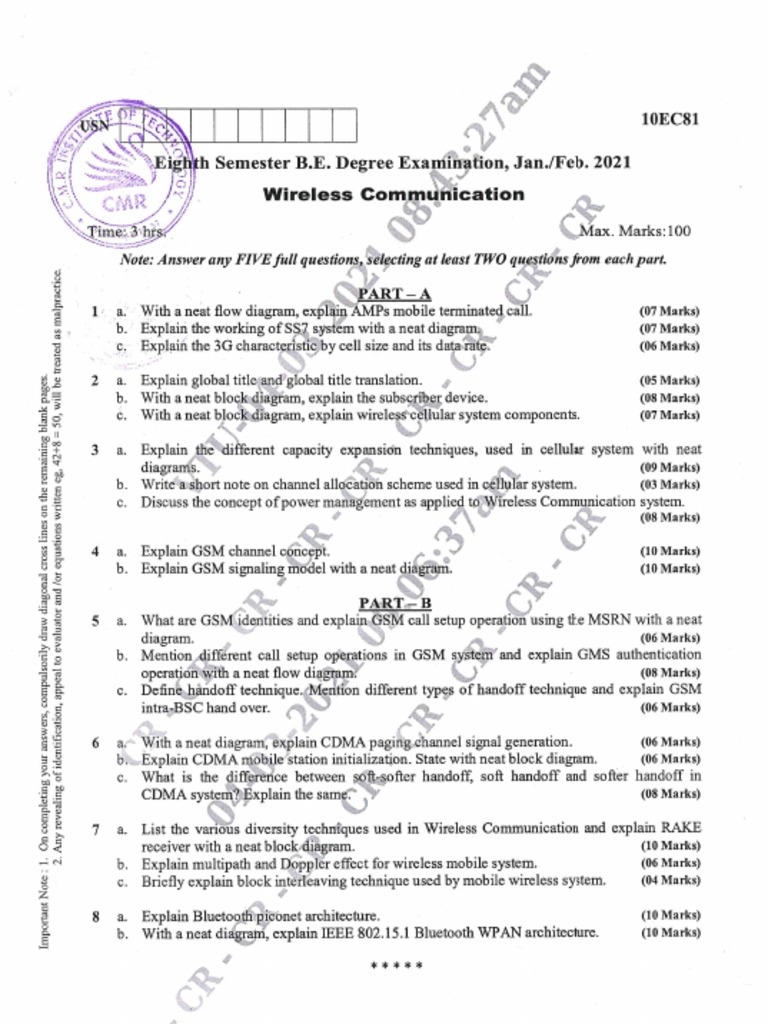 VTU Question Paper of 10EC81 Wireless Communication Jan-2021 | PDF