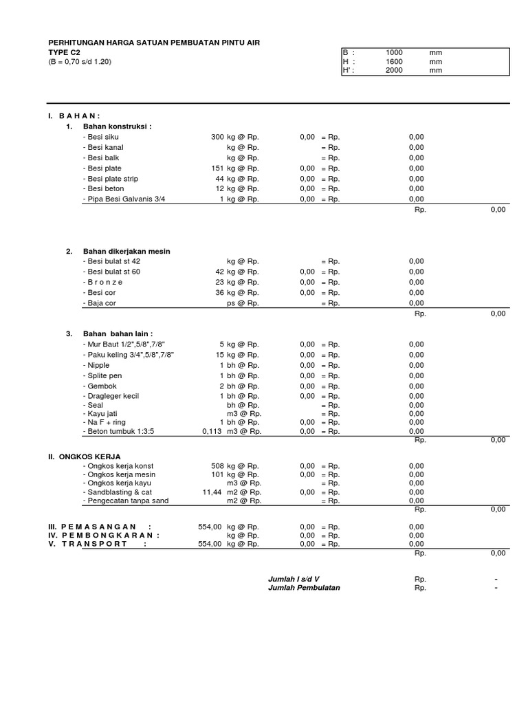 Harga Satuan Pembuatan Pintu Air C2 | PDF