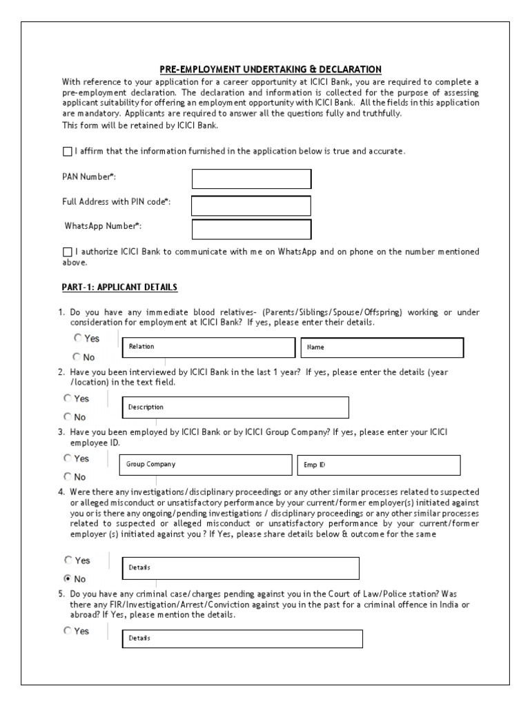 ICICI Bank Pre-Employment Declaration | PDF | Legal Liability | Employment