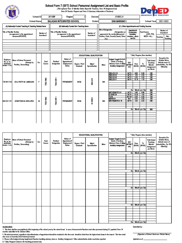 School Form 7 (SF7) School Personnel Assignment List and Basic Profile ...