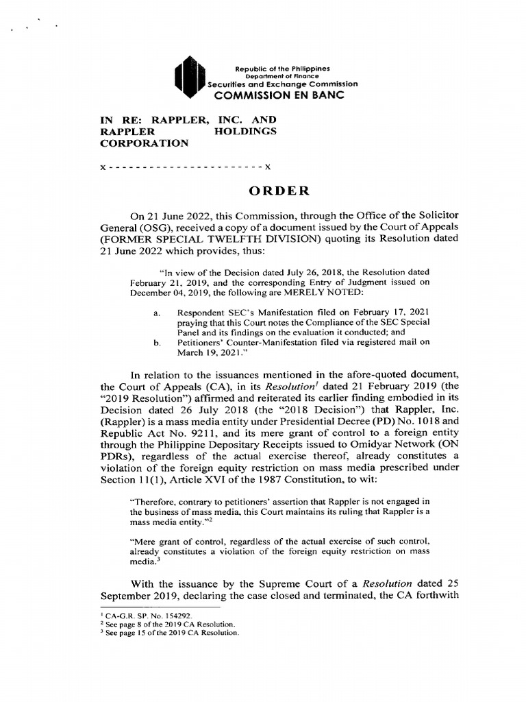 SEC Order Dated 28 June 2022 - in Re Rappler, Inc. and Rappler Holdings ...