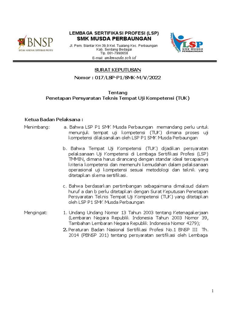 SK Penetapan Persyaratan Teknis Tuk | PDF