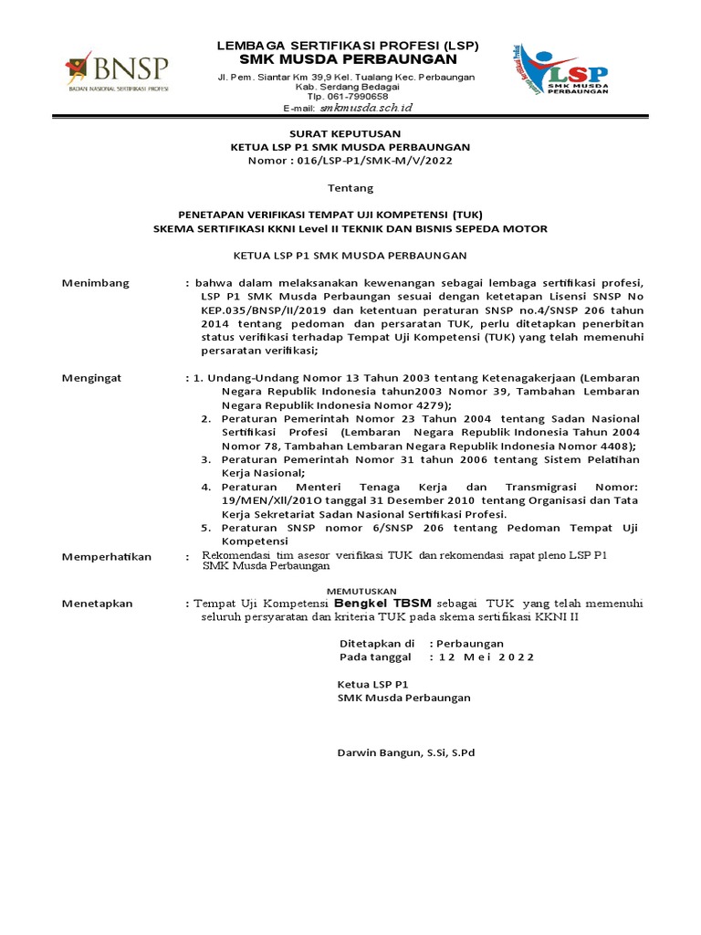 SK Penetapan Tuk Terverifikasi | PDF