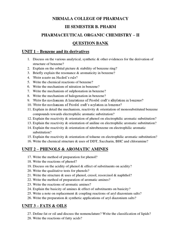 III Sem - POC II - Question Bank-New | PDF | Benzene | Aromaticity