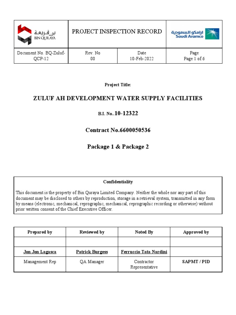 QCP 12 Project Inspection Record (Zuluf Water Supply Facilities B.I. No ...