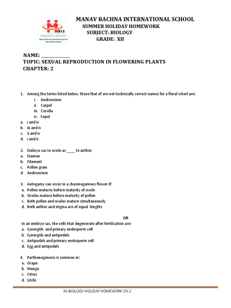 XII-BIOLOGY-HOLIDAY HOMEWORK CH-2 SEXUAL REPRODUCTION | PDF | Flowers ...