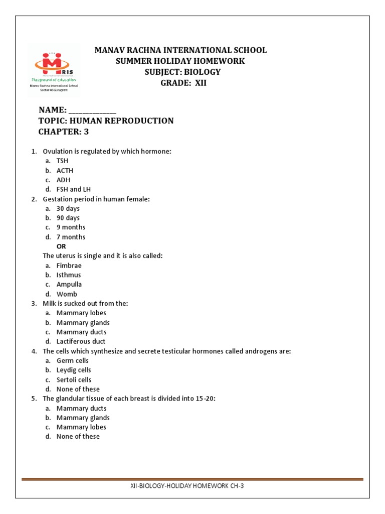 Chapter 3 Biology Holiday Homework | PDF | Menstrual Cycle | Animal Anatomy