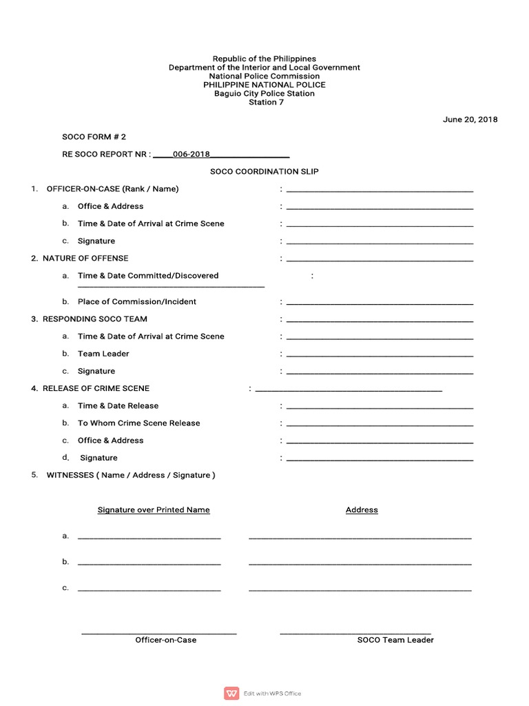 PNP SOCO Coordination Form Sample | PDF