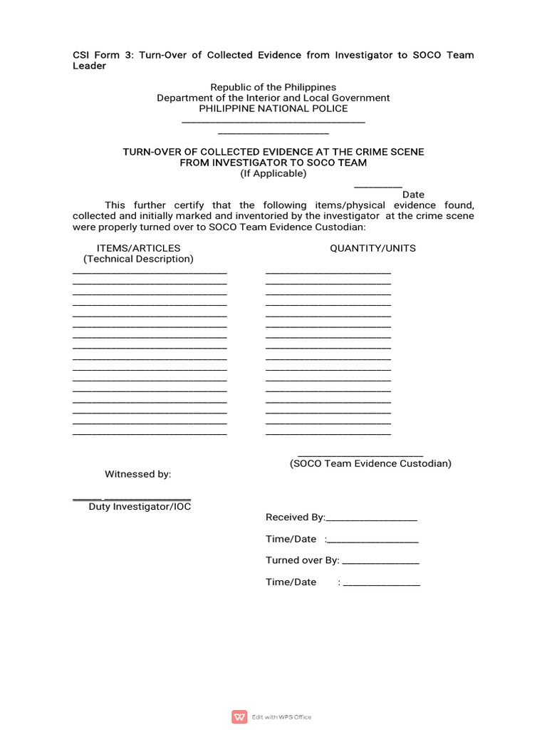 CSI Form 3 Turn-Over of Collected Evidence | PDF