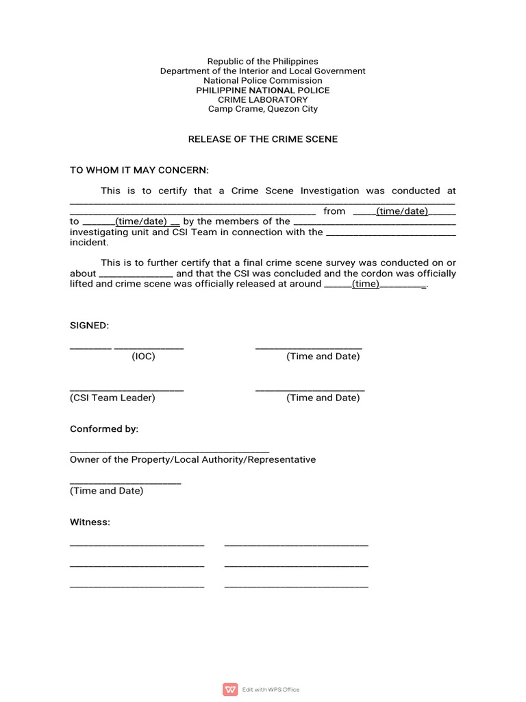 CSI Form 5 Release of Crime Scene Form | PDF