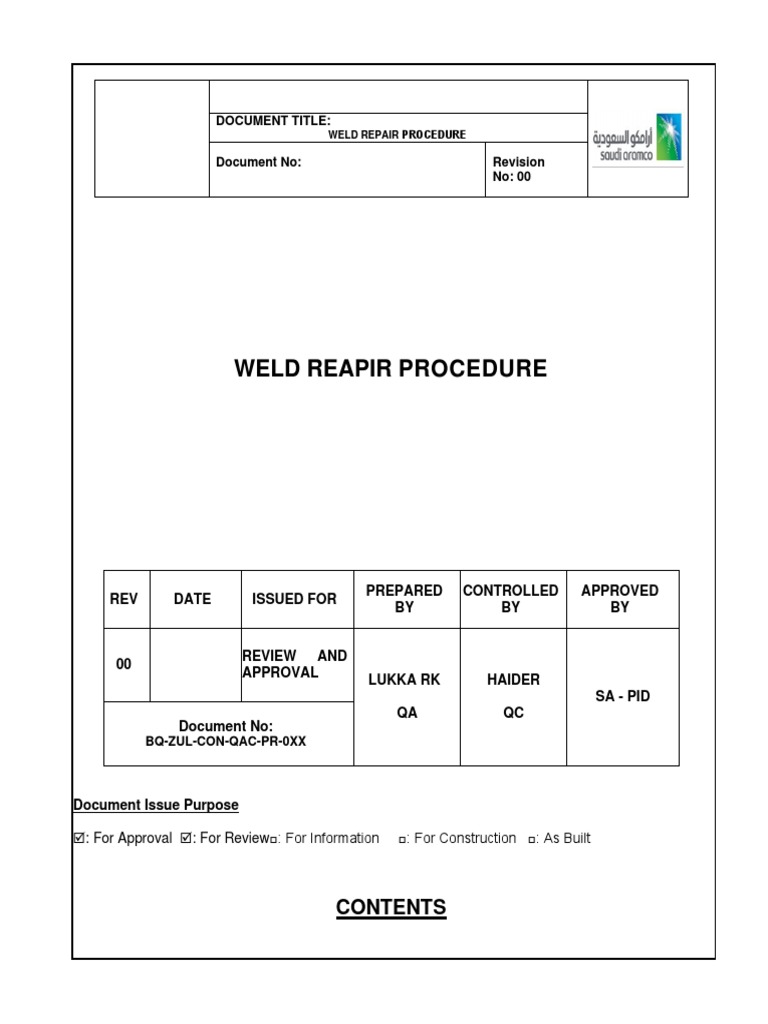 Weld Repair Procedure Summary | PDF | Construction | Welding
