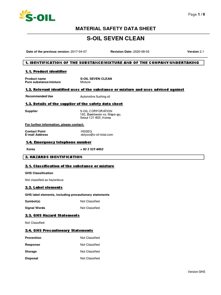 S-Oil Seven Clean: Material Safety Data Sheet | PDF | Toxicity ...