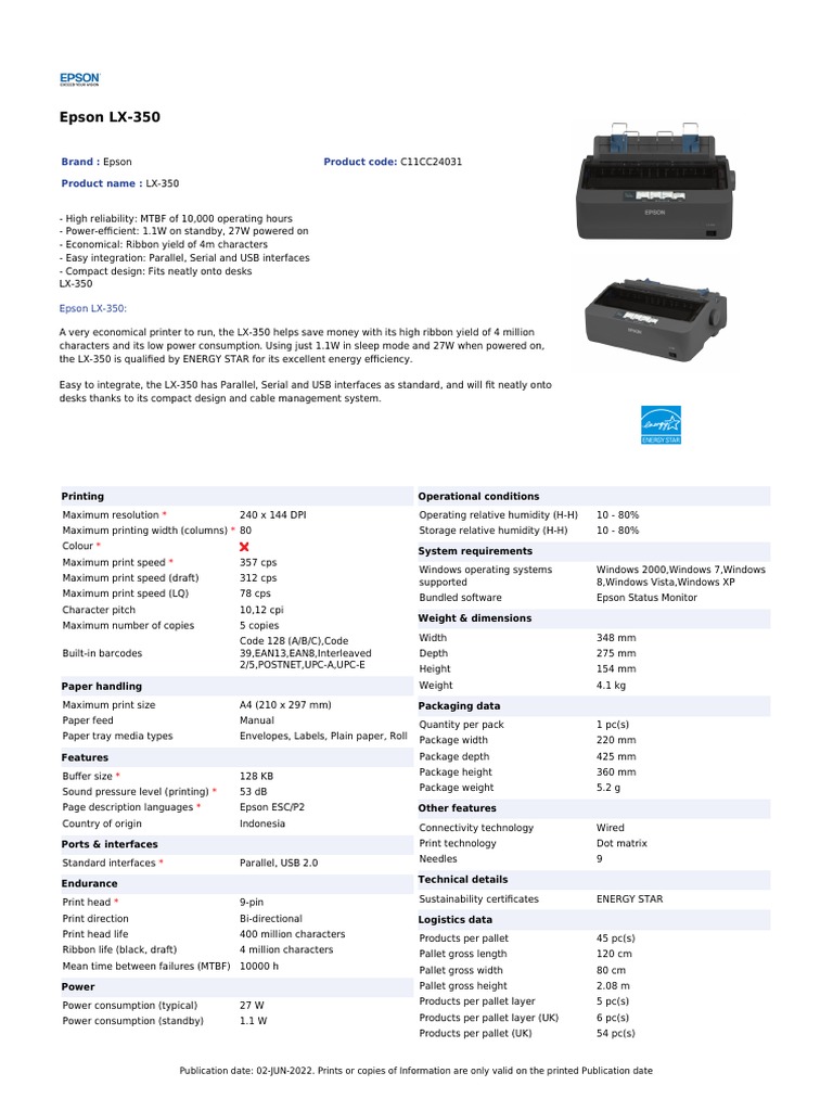 Datasheet Epson LX-350 - 220V (C11CC24031) | PDF | Printer (Computing ...