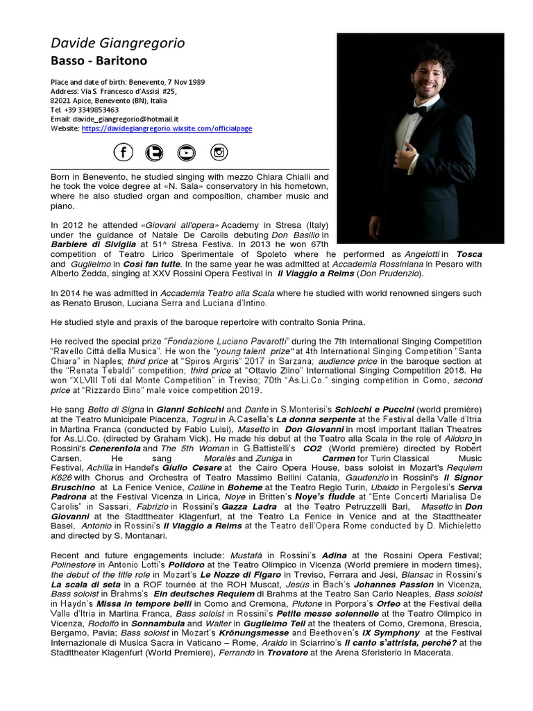 Davide Giangregorio Biography | PDF | Vocal Music | Italian Music