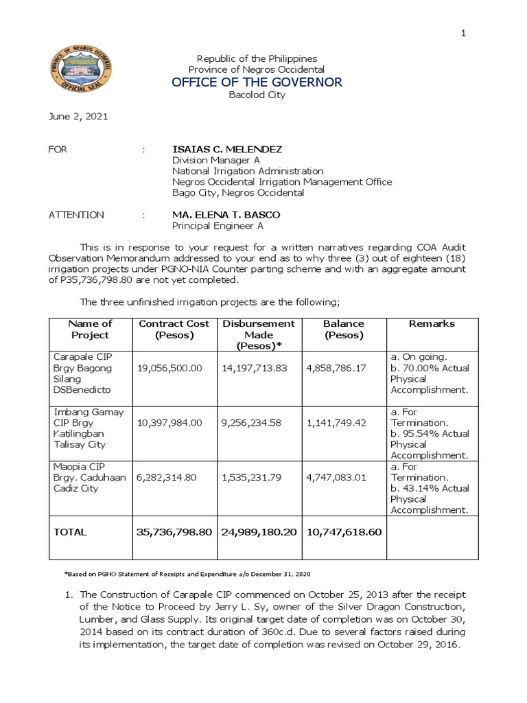 COA AOM Response on Irrigation Projects | PDF | Economies