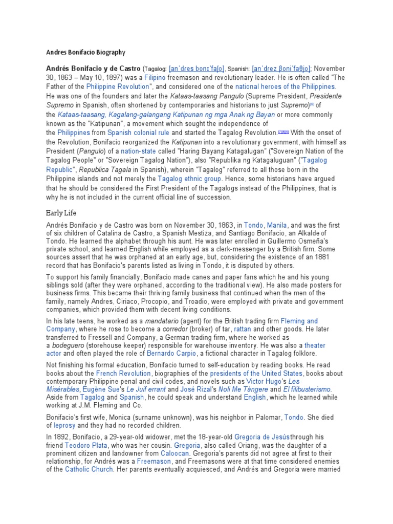 Andres Bonifacio Biography: Andrés Bonifacio y de Castro ( | PDF ...