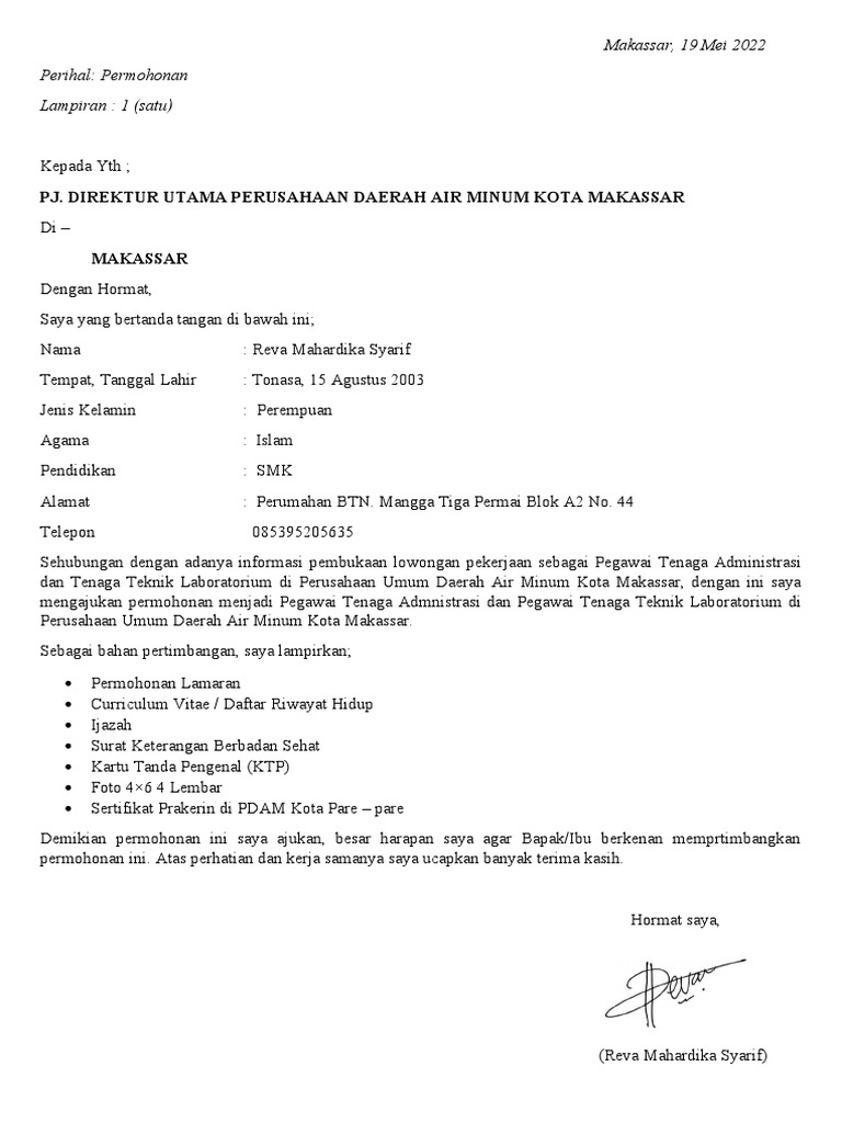Surat Lamaran Kerja Reva Mahardika Syarif | PDF