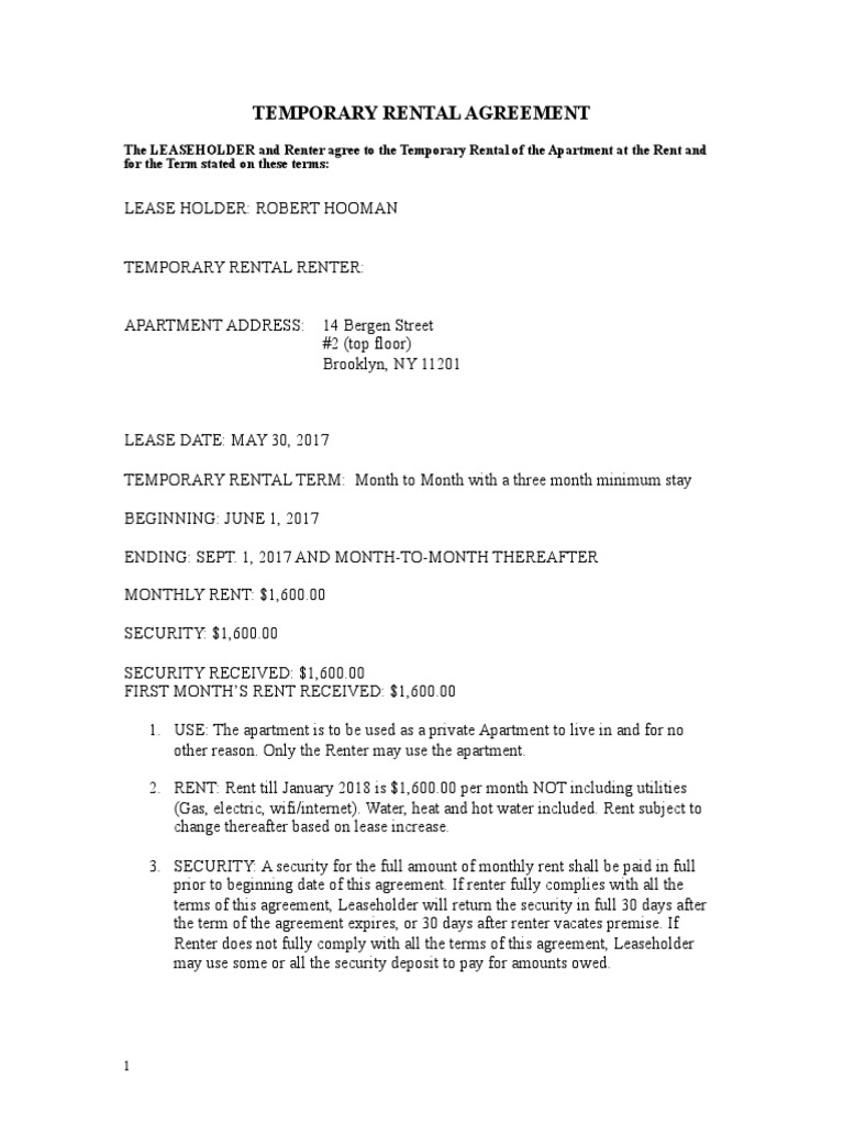 Temporary Rental Agreement | PDF | Renting | Lease