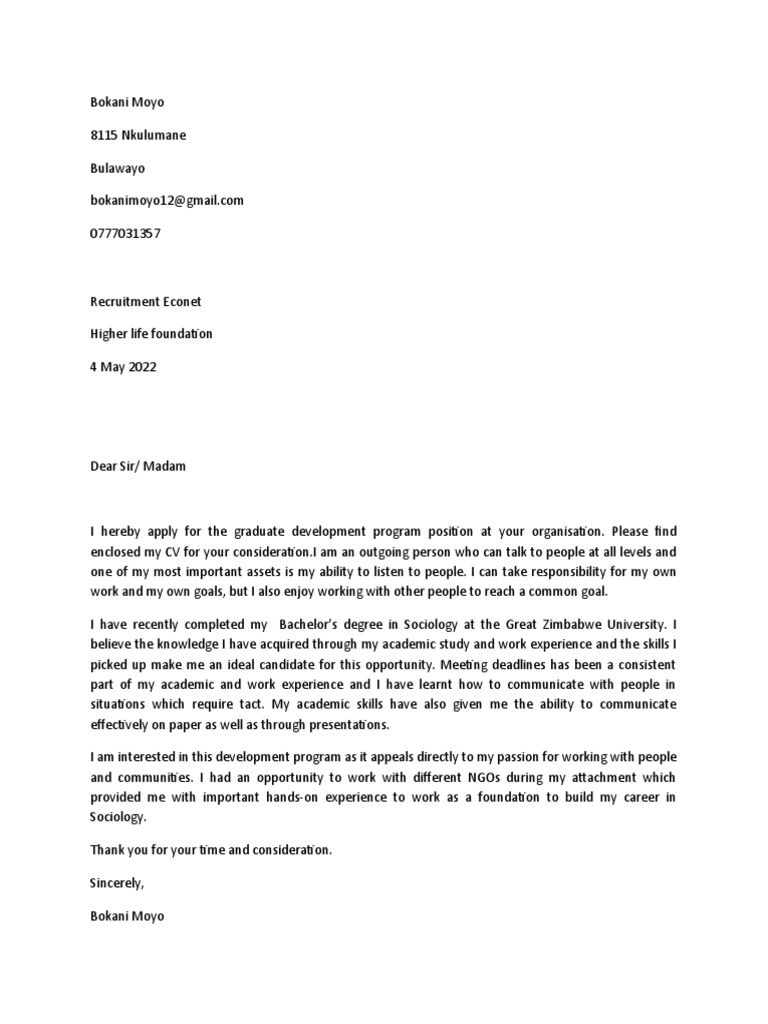 Bokani Moyo Cover Letter | PDF
