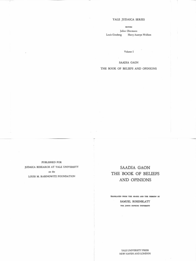 Saadia Gaon - The Book of Beliefs and Opinions - Transl. Samuel ...