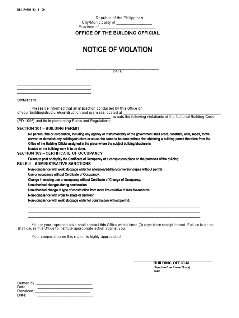 Notice of Violation: Office of The Building Official | PDF | Government ...