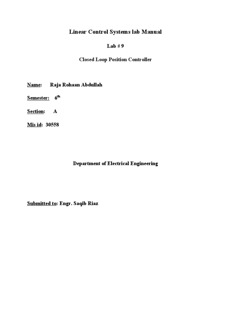 Linear Control Systems Lab Manual: Closed Loop Position Controller ... Linear Control Systems Lab Manual: Closed Loop Position Controller ...