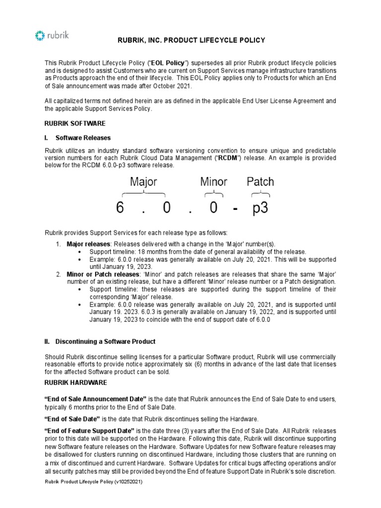 Rubrik Product Lifecycle Policy Overview | PDF | Software Release Life ...