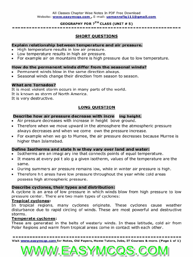 7th Class Geography Federal Board Old Syllabus Unit 5 | PDF