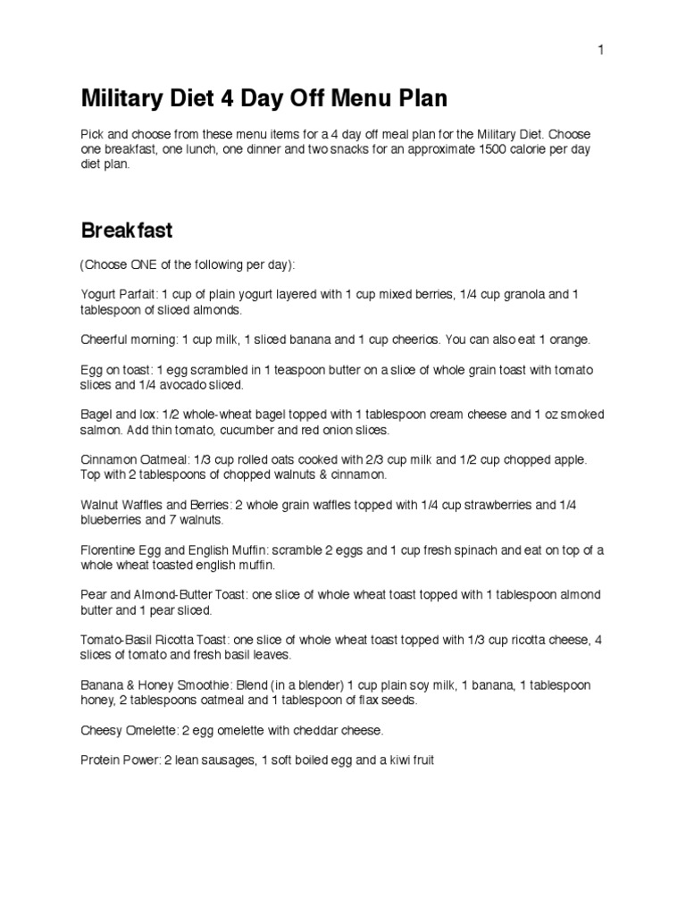 Military Diet 4-Day Off Menu Plan | PDF | Salad | Sauce