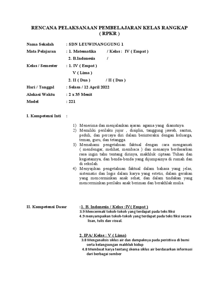 RPP Kelas Rangkap 221 (1) Contoh | PDF | Karier & Perkembangan