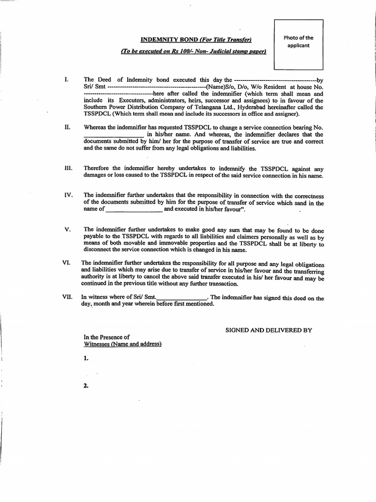 Indemnity Bond For Title Transfer | PDF
