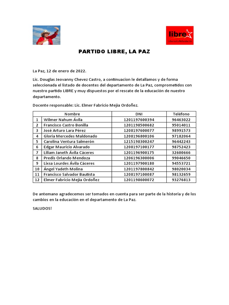 Docentes LIBRE en La Paz 2022 | PDF