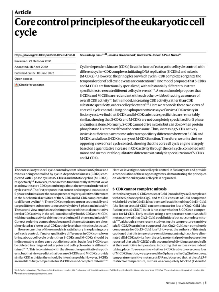 Core Control Principles of The Eukaryotic Cell Cycle | PDF | Cell Cycle ...