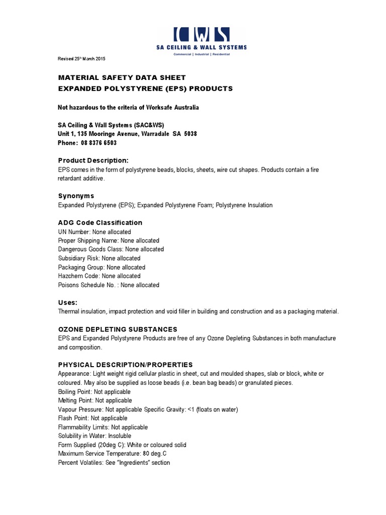Eps MSDS 20170816 | PDF | Polystyrene | Firefighting