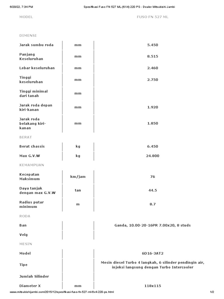 Spesifikasi Fuso FN 527 ML (6X4) 220 PS | PDF