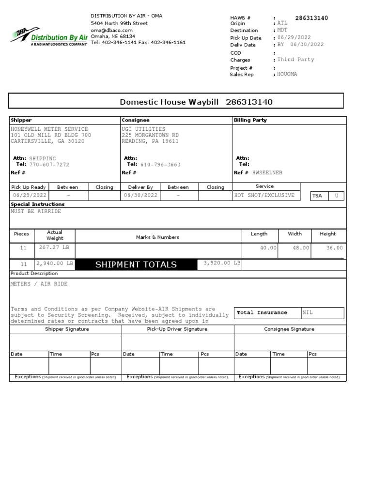 Domestic House Waybill 286313140: Shipment Totals | PDF | Transport ...