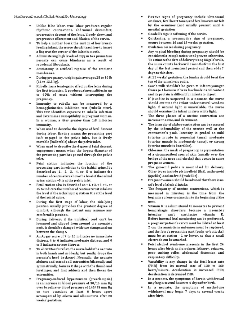 Maternal and Child Health Nursing Notes | PDF | Pregnancy | Childbirth