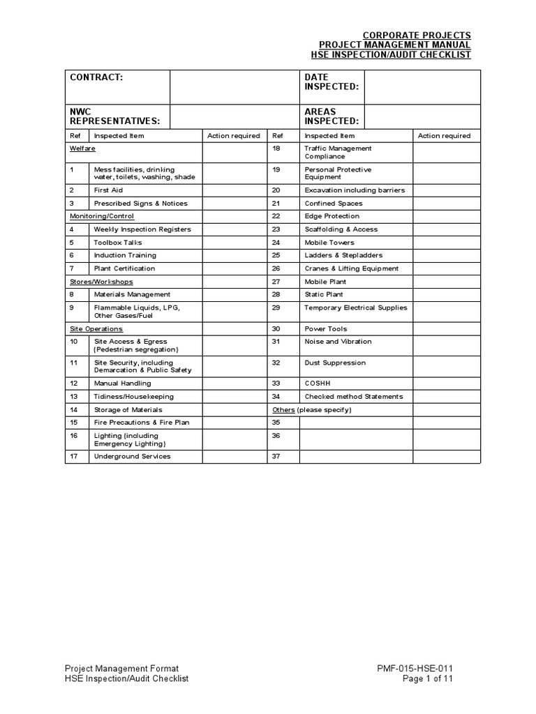 Corporate Projects Project Management Manual Hse Inspection/Audit ...
