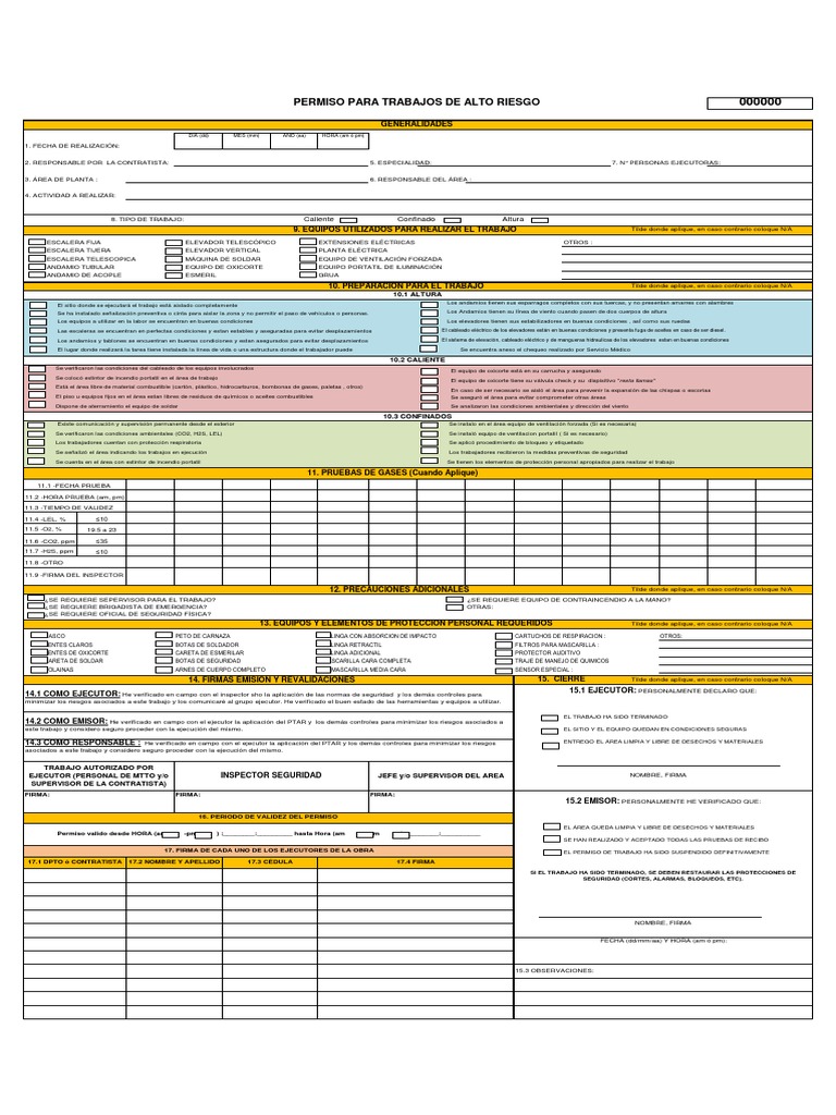 Formato Permiso de Trabajo de Alto Riesgo | PDF | Ingeniería mecánica | Ingeniería de Edificación