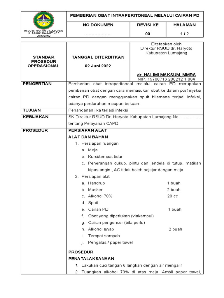 Sop Pemberian Obat Intraperitoneal Melalui Cairan PD | PDF