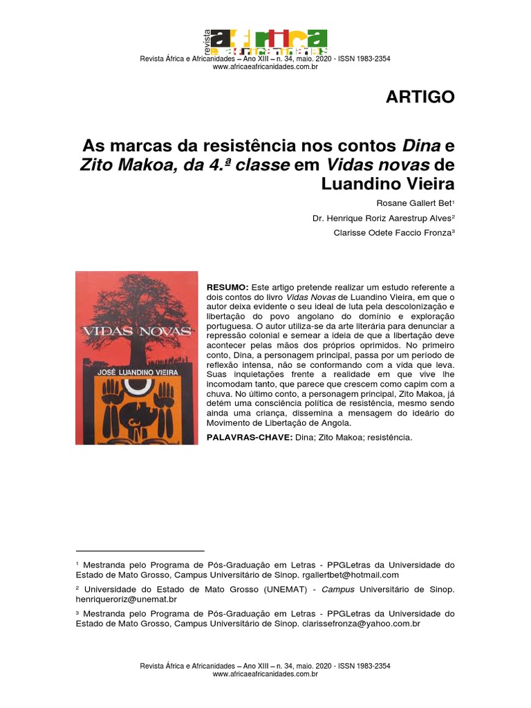 As marcas da resistência nos contos Dina e Zito Makoa, da 4.a classe em ...
