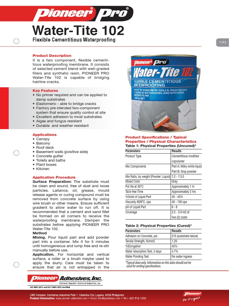 Pioneer Pro Water Tite 102 Technical Spec Sheet | PDF | Concrete | Cement