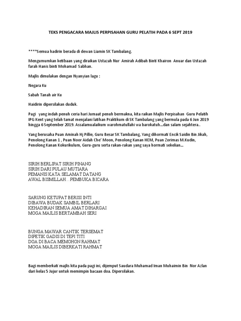 Teks Pengacara Majlis Perpisahan Guru Pelatih Pada 6 Sept 2019 | PDF
